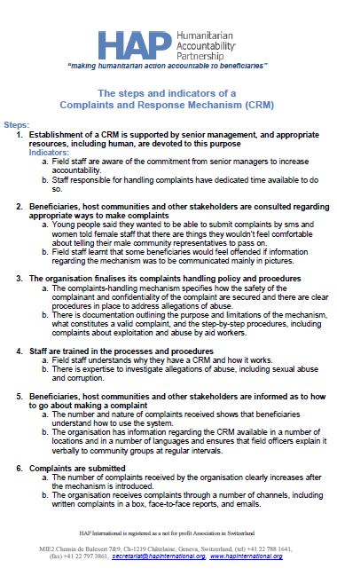 Ten Steps and Indicators of a Complaints and Response Mechanism (CRM ...