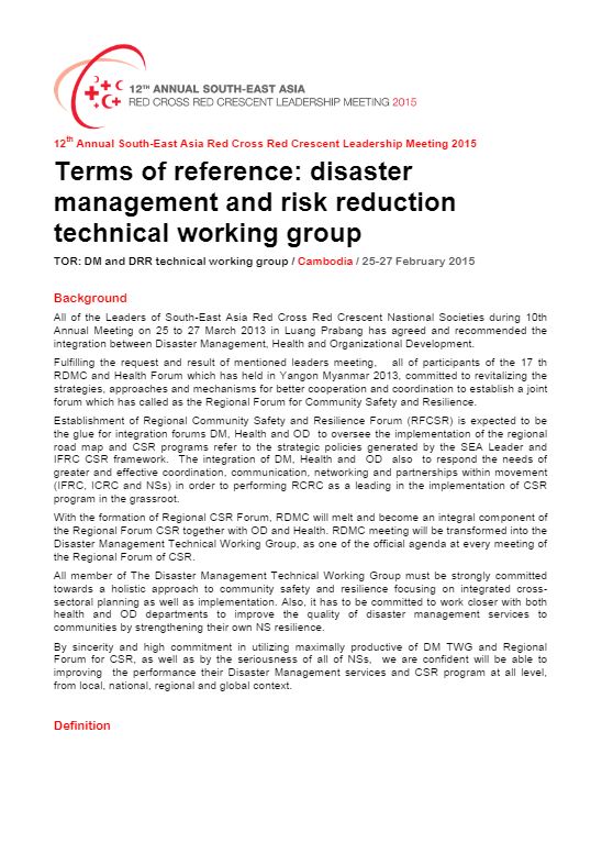 TOR for Disaster Management and Risk Reduction technical Working Group ...