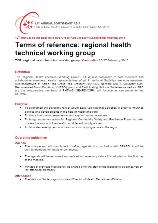 TOR for Regional Health Technical Working Group | Resilience Library