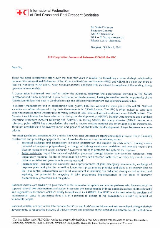 Letter from IFRC to ASEAN | Resilience Library