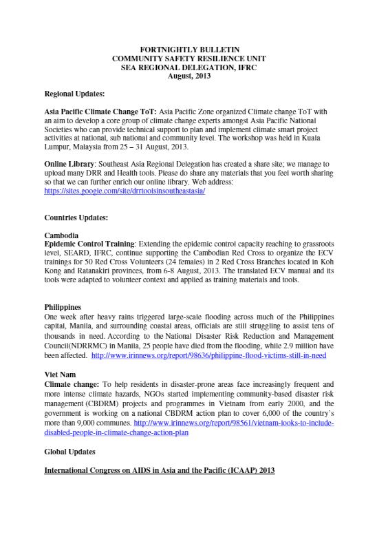 Fortnightly Bulletins | August 2013 – Health Bulletins | Resilience Library