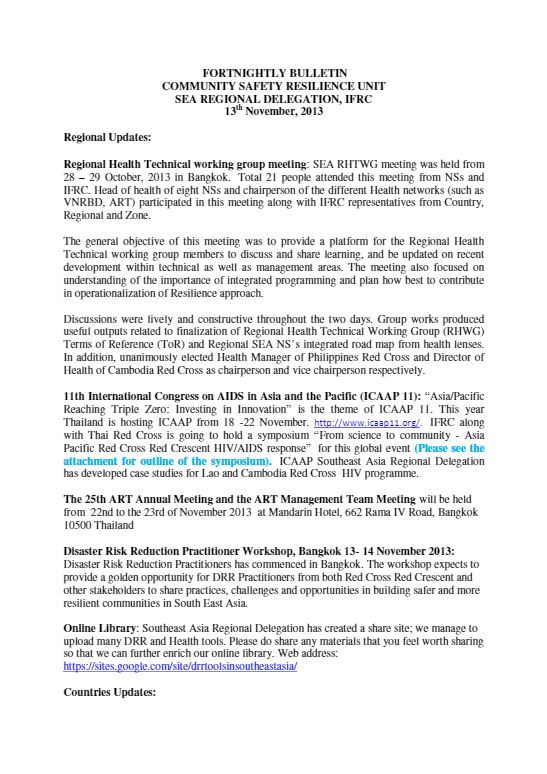 Fortnightly Bulletins | November 2013 – Health Bulletins | Resilience ...