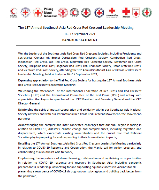 The 18th Annual Southeast Asia Red Cross Red Crescent Leadership Meeting Bangkok Statement ...